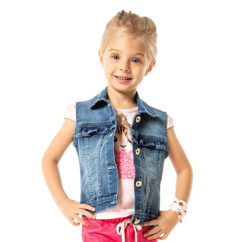 Colete Jeans Infantil Color Mini Lavagem Used