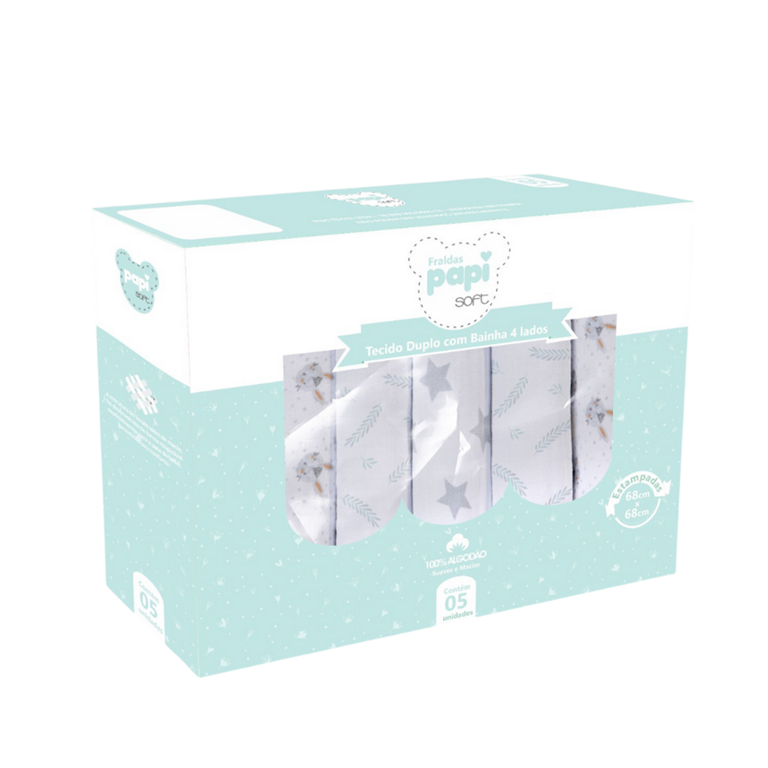 Kit Fralda Papi Soft Com Bainha Estampada - 5 Peças\r\n
