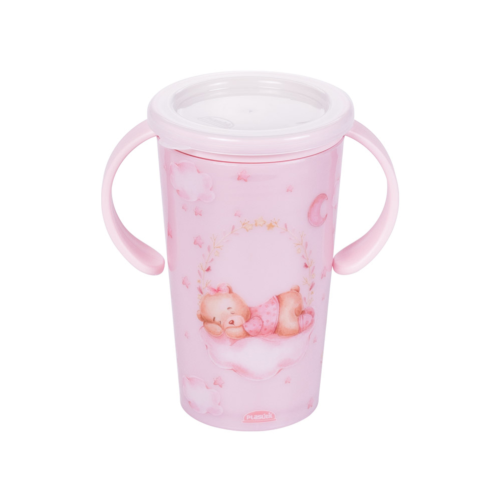 Copo Plasútil Magic Ursa Com Alça E Tampa 360 Graus 280ml Rosa
